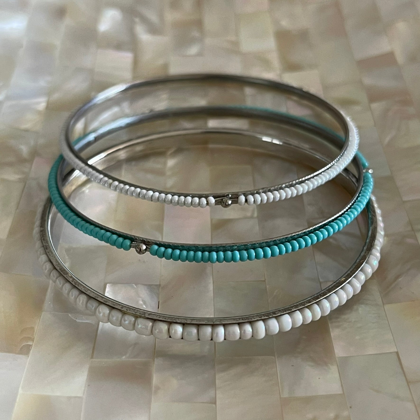 Set of 3 Blue + White Bead Bangles– Travel and Tide